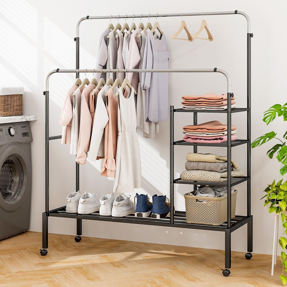 Rolling Double Rods Garment Rack, Clothes Drying Rack with Height ...