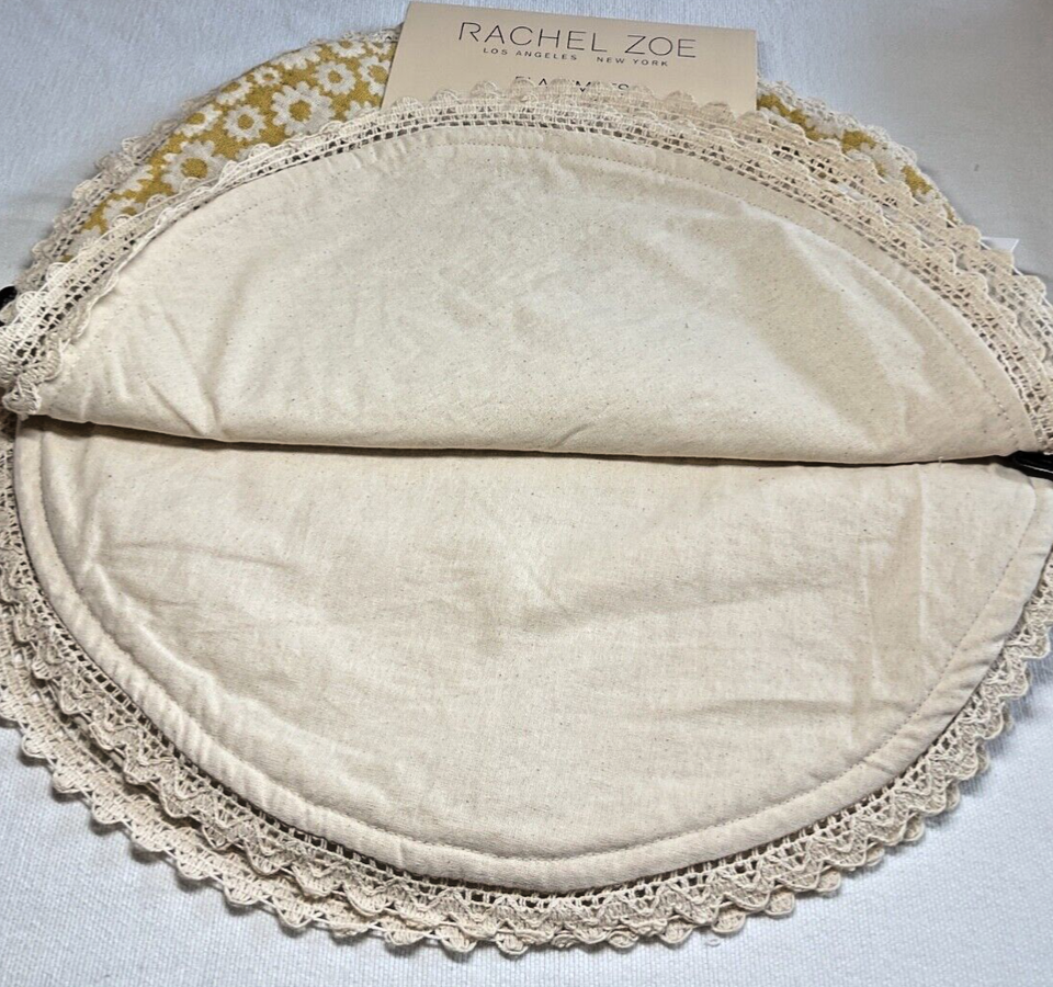 Rachel Zoe ROUND Placemats (4) GOLD DAISIES CREAM LACE EDGE COTTON 15 ...