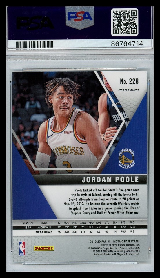 2019-20 Panini Mosaic #228 Jordan Poole RC Silver Prizm PSA 10 GEM MINT ...