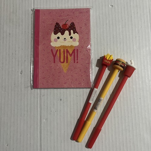 Mini Ice Cream Cat Notebook & 3 Fast Food Pens French Fries Hamburger ...