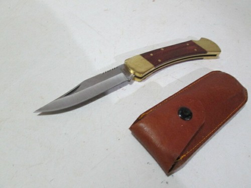 Medium folding Hunters Lock Knife Brass and Wood Handle with Pouch ...