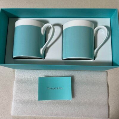 Unused Tiffany Mug Cup Color Block Bone China Blue White Pair set w ...