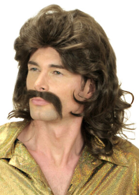 Mens 1970s Dark Brown Mullet Wig and Moustache | eBay UK