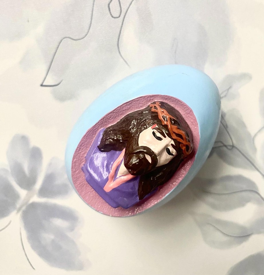 Vintage Hand-Painted Wooden Egg Jesus Portrait Easter Religious Spring ...