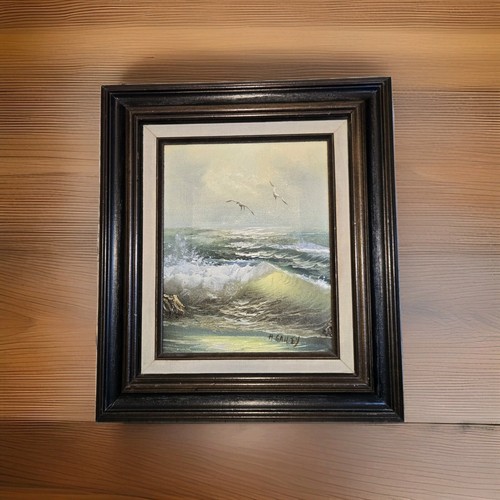 H. GAILEY Oil on Canvas Ocean Waves Sunset Seagulls Painting 14"x 15.5 ...