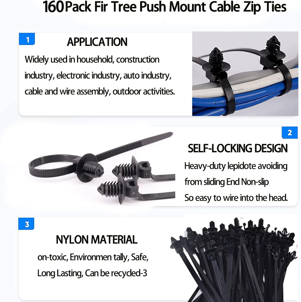 160Pcs Universal Nylon Push Mount Cable Zip Tie,Nylon Self Locking ...