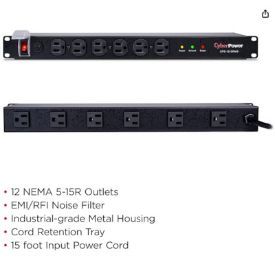 CyberPower CPS1215RMS Rackmount Surge Protector, 120V/15A, 12 Outlets ...