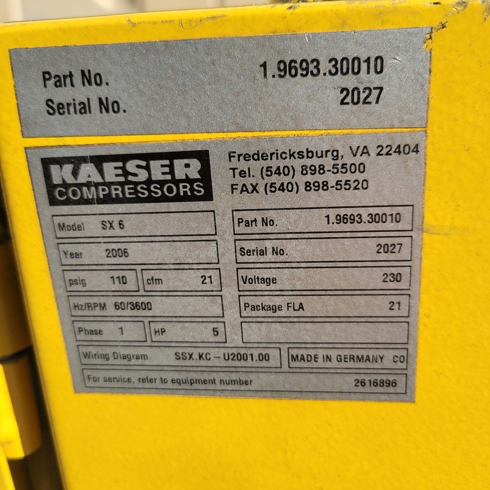 KAESER SX6 ROTARY SCREW COMPRESSOR AND TANK, 5HP, SINGLE PHASE,WITH ...