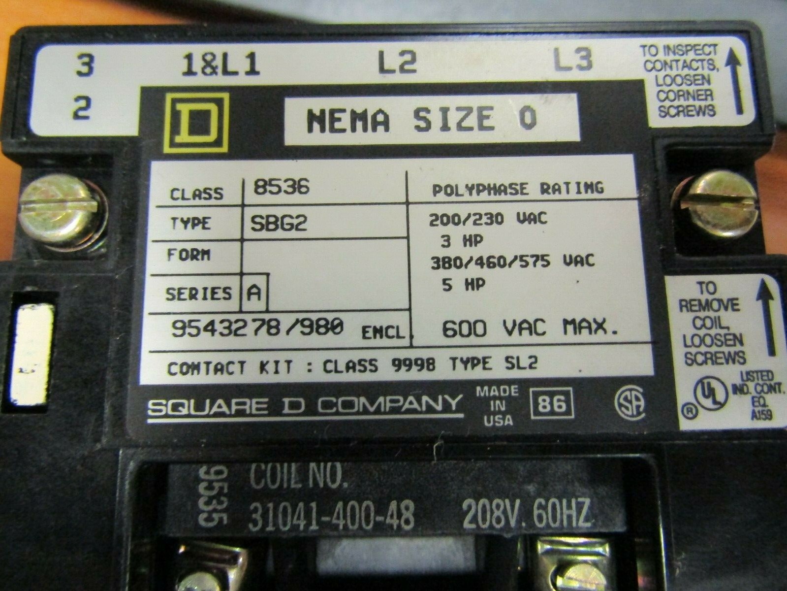 😏 SQUARE D SIZE 0 ENCLOSED MOTOR STARTER 600 VAC 208 VAC COIL 5 HP 3Ø ...