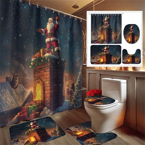 Santa Claus Chimney Shower Curtain Bathroom Rugs Bath Mat Soft Toilet ...