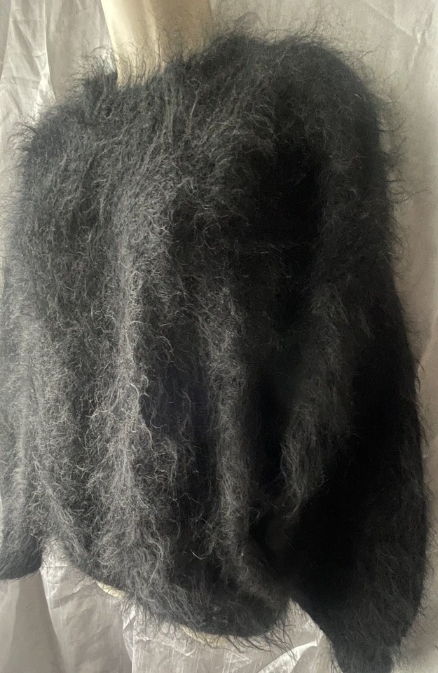 Knit in UK Fluffy fuzzy Long-haired Mohair Sweater Black UK L XL 14/16 ...
