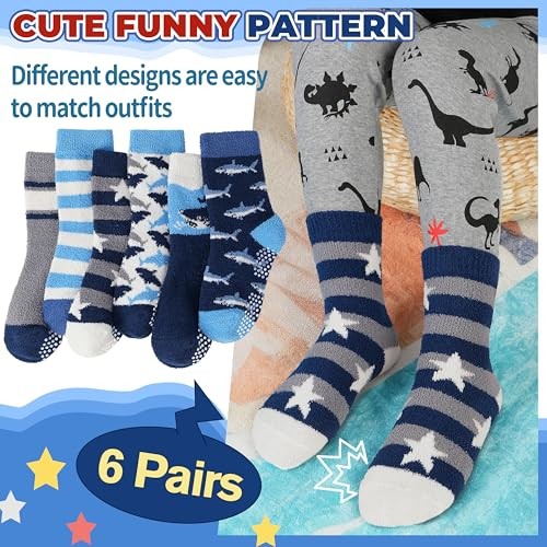Boys Kids Toddlers Fuzzy Grips Socks Non Slip Cozy Fluffy Warm 1-3T ...