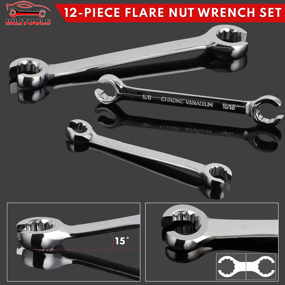 12-Piece Flare Nut Wrench Set, Metric & Standard, 12-Point Line Wrench ...