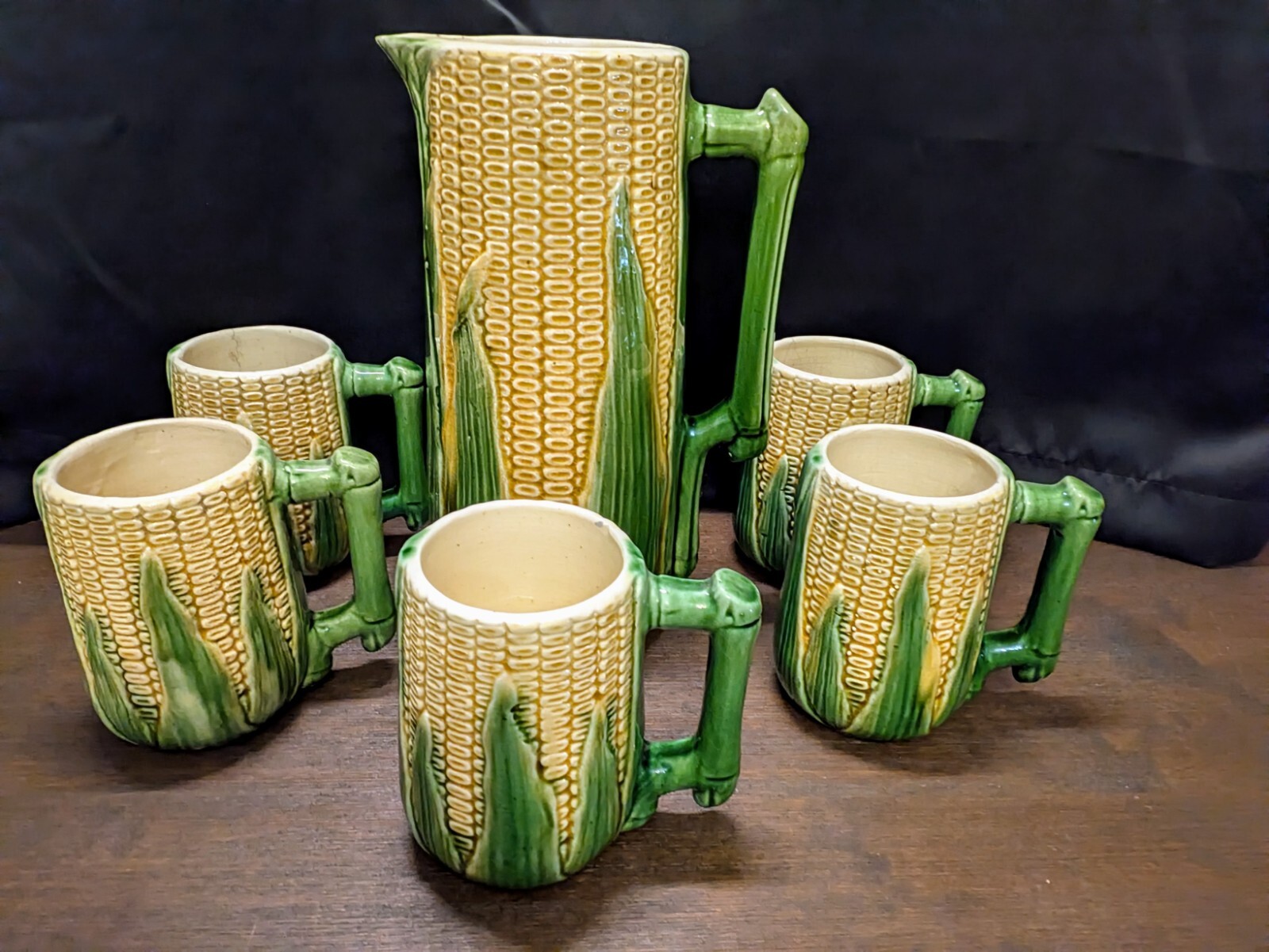 ANTIQUE BRUSH McCOY POTTERY CORN WARE PITCHER WITH 5 MUGS Yellow Green ...