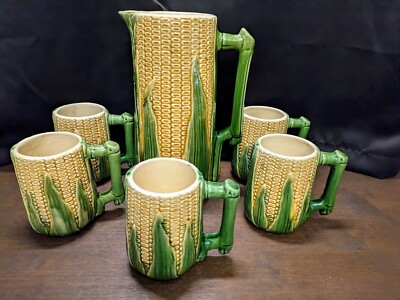 ANTIQUE BRUSH McCOY POTTERY CORN WARE PITCHER WITH 5 MUGS Yellow Green ...