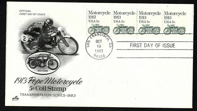 #1899 5c Pope Motorcycle 1913- ArtCraft FDC Plt # 1 Coil (4) with Line ...