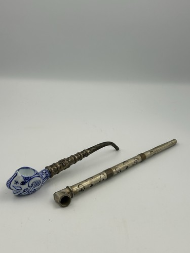 2 Vintage Smoking Pipes, Blue & White Elephant And Thin ornate metal ...