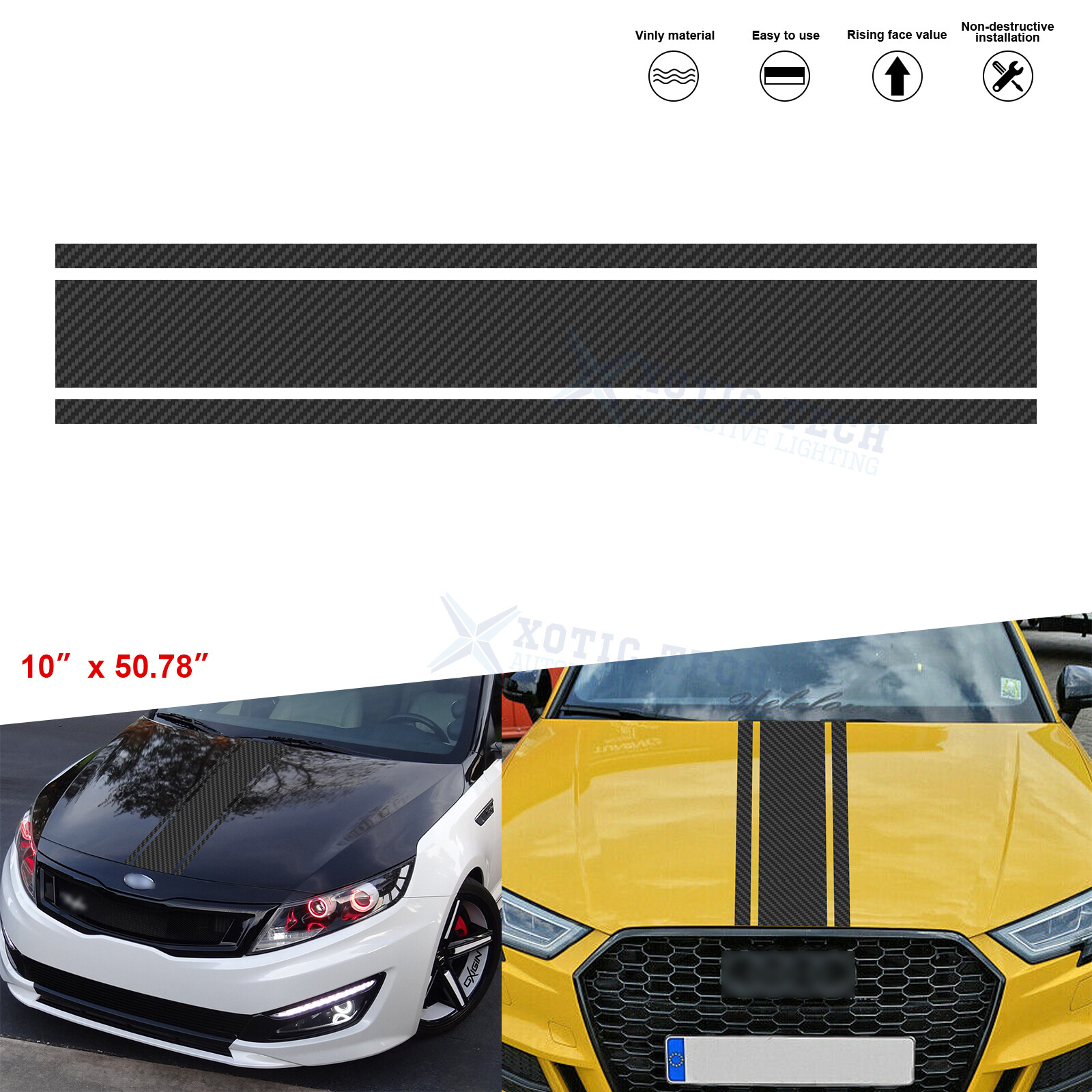 50.78" x 10" Carbon Fiber Look KK Vinyl Front Hood Bumper Stripe ...