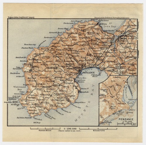 1927 ANTIQUE MAP OF VICINITY OF PENZANCE / LIZARD PENINSULA / CORNWALL ...