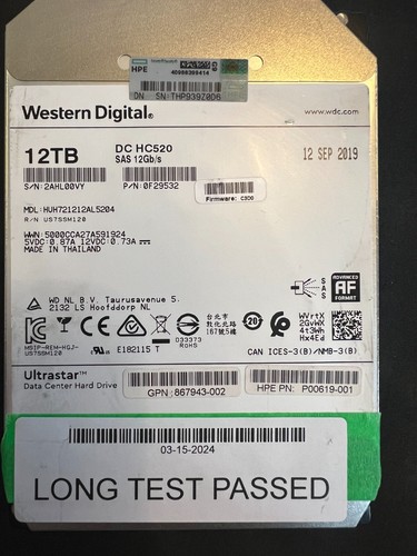 WESTERN DIGITAL 12TB SAS 3.5" 12Gb/s 7.2K RPM HDD HVH721212AL5204 P/N ...