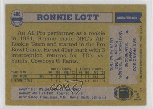 1982 Topps Ronnie Lott #486 Rookie RC HOF | eBay