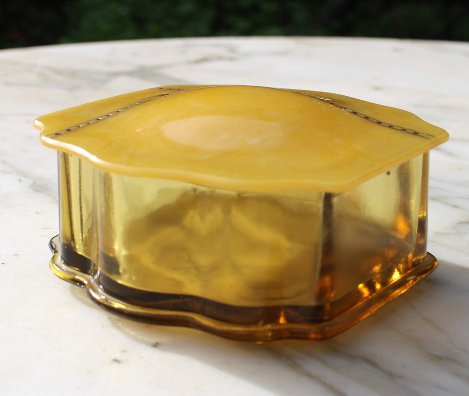 Vintage Art Deco Scalloped Amber Depression Glass Trinket Powder Box ...