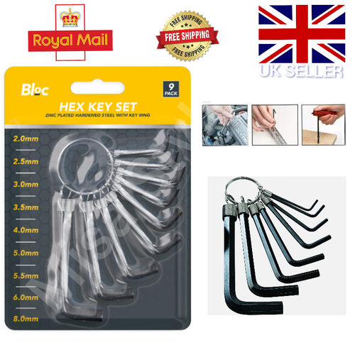 9pc HEX KEY WRENCH SET WITH RING HOLDER AF METRIC ALLEN ALLAN ALAN KEY ...