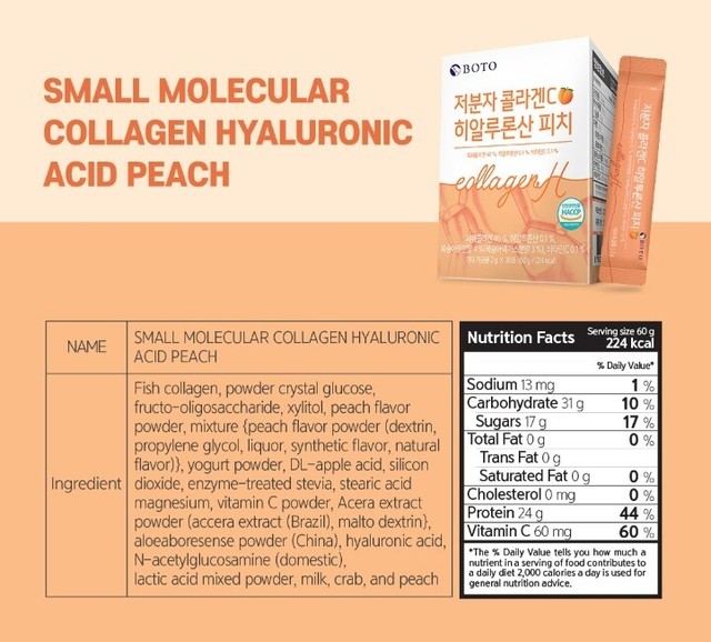 BOTO Small Molecule Collagen C Hyaluronic Acid Peach 2g x 60pcs Made in ...