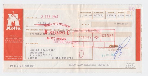 CHEQUE, CHECK ITALY BANCA ALTO MILANESE CREDITO VARESINO, MOTA 1967, VINTAGE ! | eBay