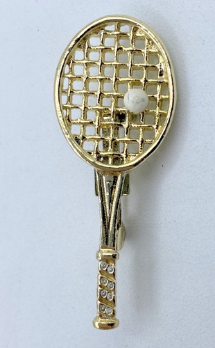 B7-750 VINTAGE BROOCH SIGNED GERRY'S GOLD TONE PIN 1.75" TENNIS RACKET ...
