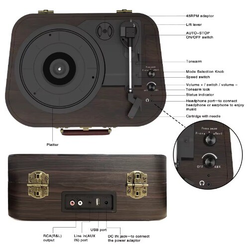 Record Player A3 Vintage Audio Turntables 3-Speed Vinyl Spinner with ...