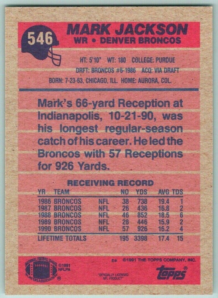 1991 TOPPS 😎 NFL Football Card #546 - Mark Jackson, Denver Broncos | eBay