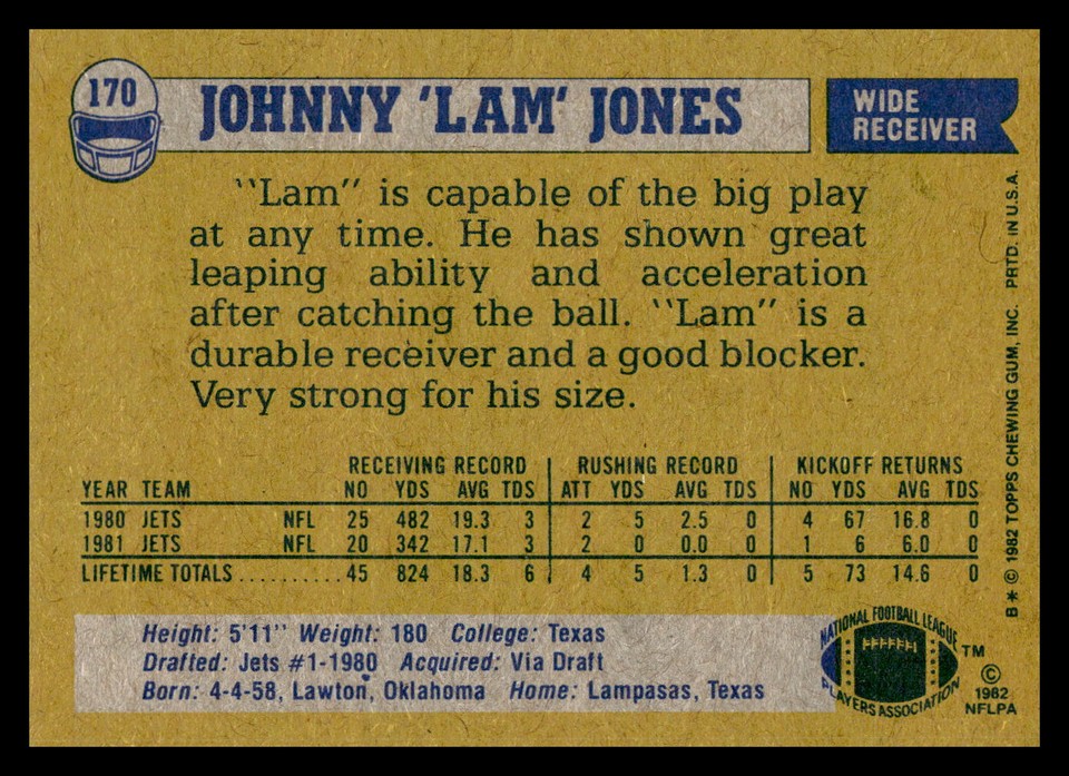 1982 Topps #170 Lam Jones New York Jets Football Card EX/NM | eBay