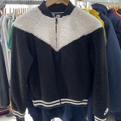 Nike Jacket Women Small Black White Fuzzy Fleece Coat Full Zip * | eBay
