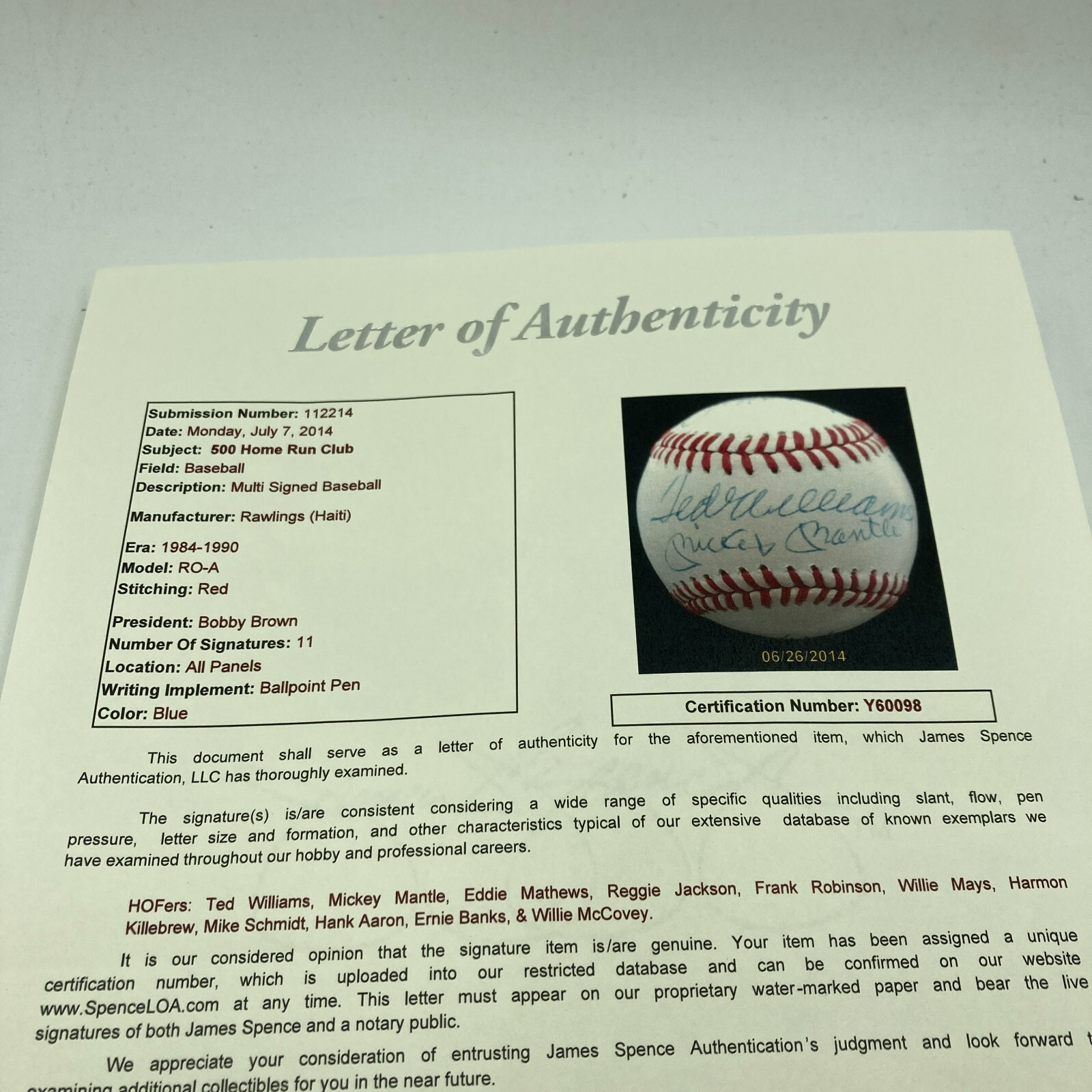 500 Home Run Signed Baseball Mickey Mantle Ted Williams Willie Mays 11 ...