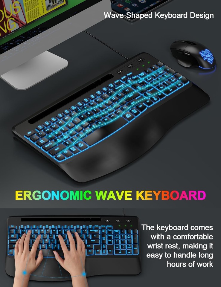 Ergonomic Backlit Computer Keyboards, USB Wired Lighted Keyboard with 7 ...