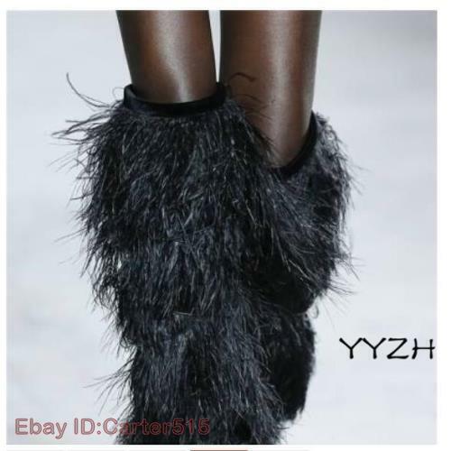 Women's Ladies Luxury Faux Ostrich Feather Fur High Heel Knee High ...