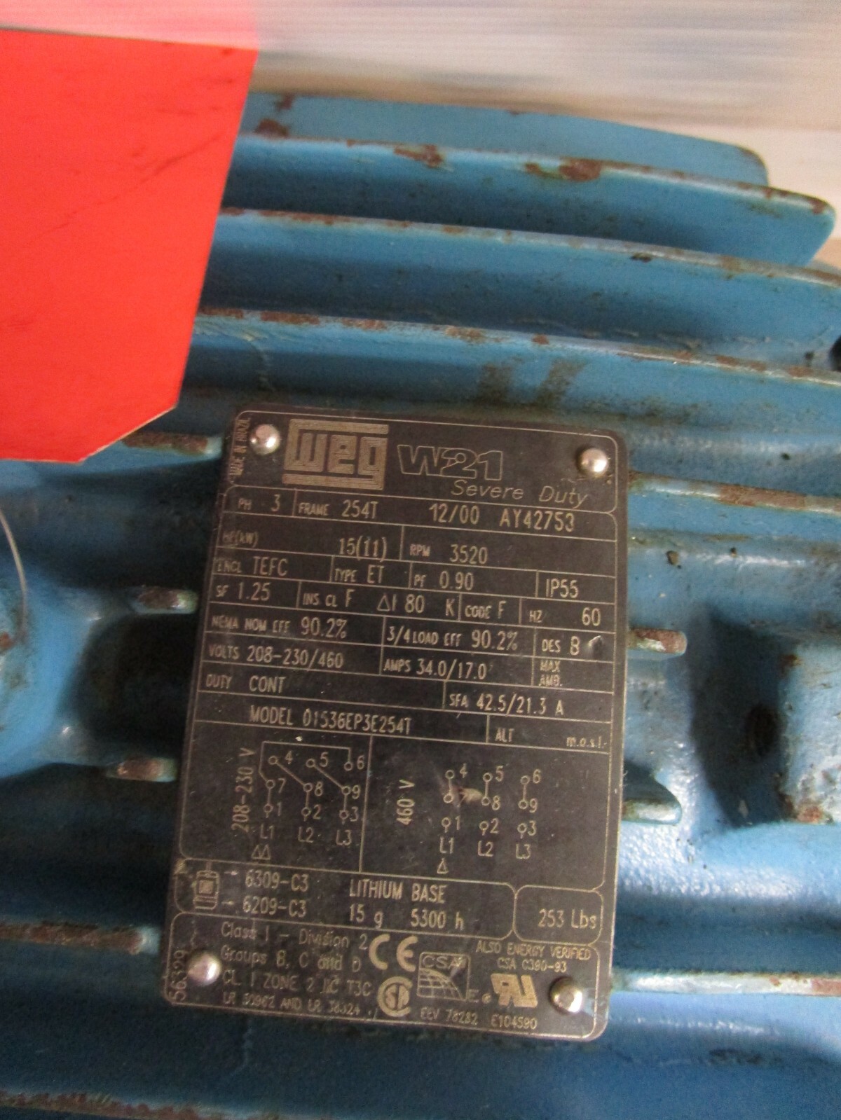 WEG 15 HP MOTOR 01536EP3E254T 3520 RPM 208-230/460V 3PH 254T FRAME 1-5/ ...