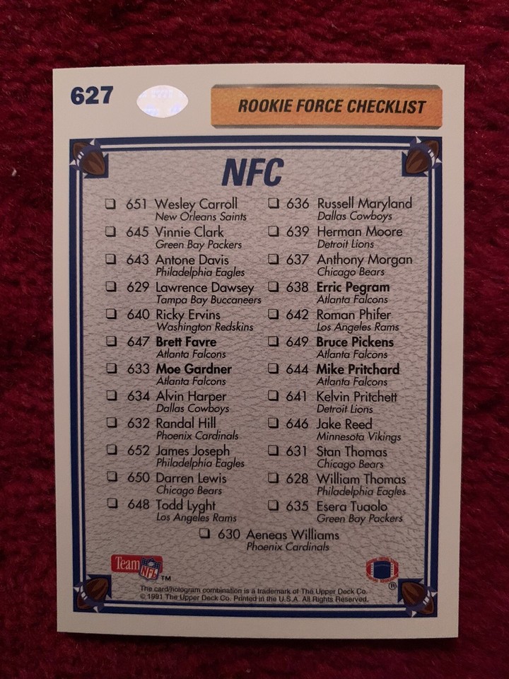 1991 Upper Deck Rookie Force Checklist Brett Favre 627 | eBay