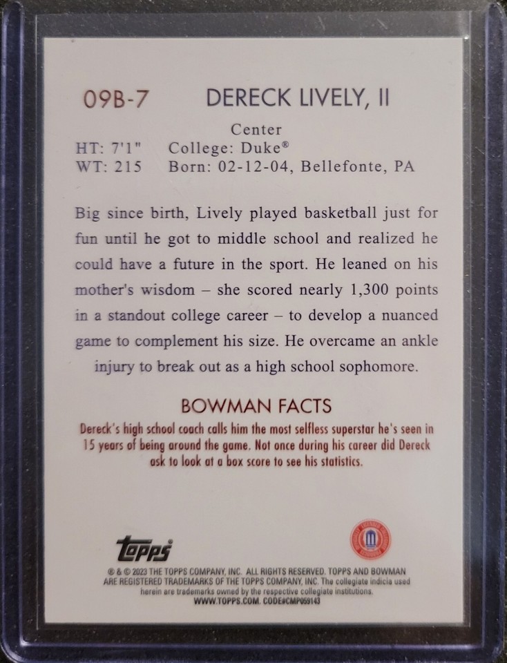 Derek Lively II Chrome Refractor Bowman U #09B-7 Duke Mavericks | eBay