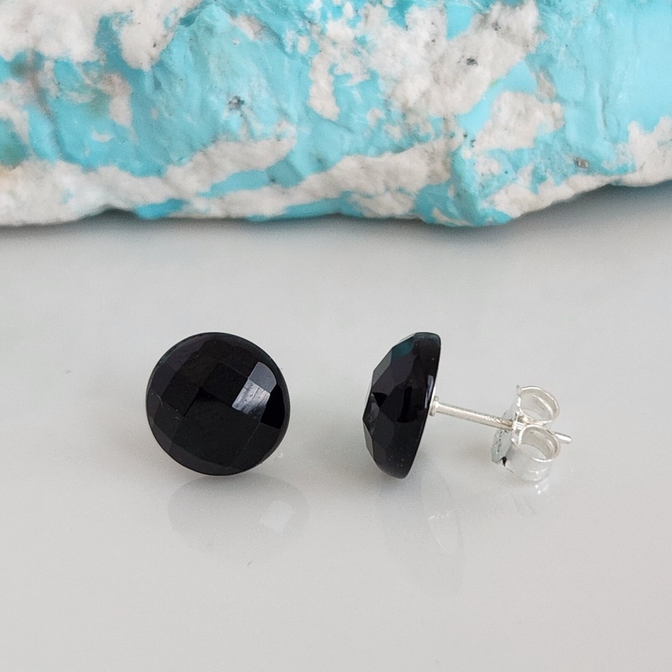 Natural Onyx 10mm Faceted Half round Stud Earrings Solid 925 Sterling ...
