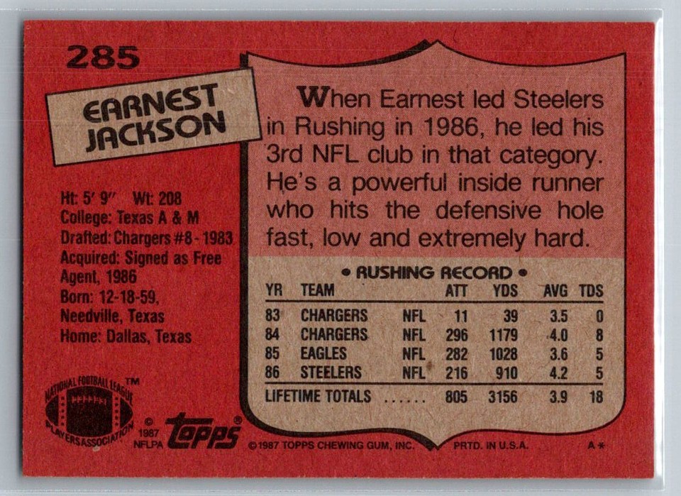 1987 Topps #285 Earnest Jackson Pittsburgh Steelers Football Card | eBay