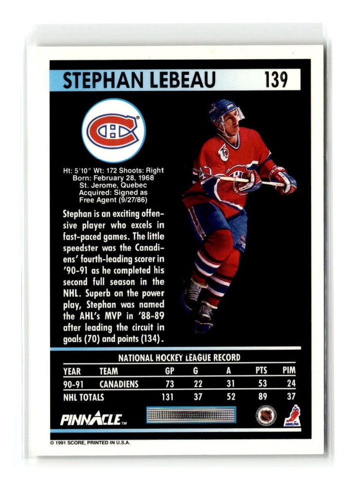 1991-Pinnacle -#139-Stephan Lebeau -Montreal Canadiens | eBay