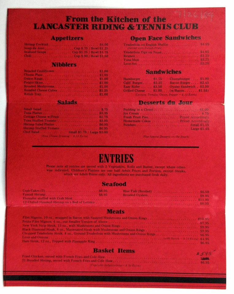 1984 Vintage Original Menu LANCASTER COUNTY RIDING & TENNIS CLUB ...