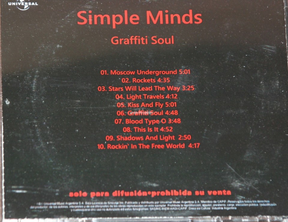 SIMPLE MINDS - GRAFFITI SOUL - ARGENTINA 10-TRACK PROMO CD - RARE U2 ...