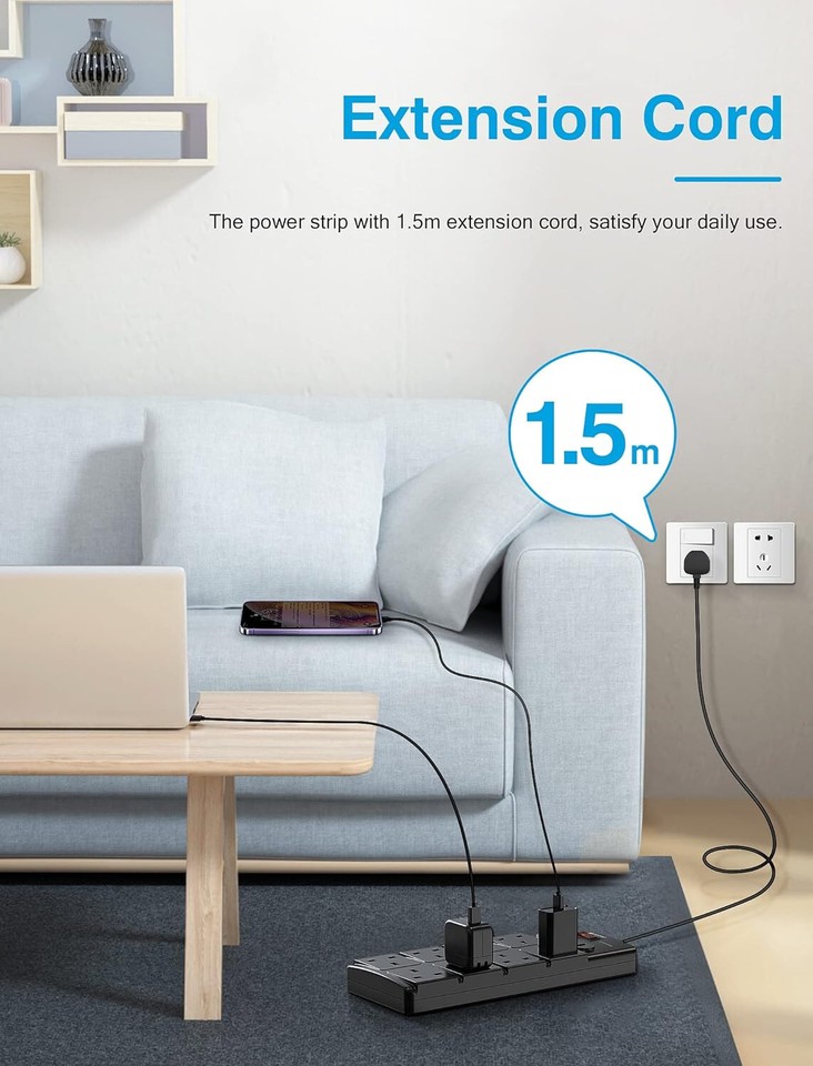 8 Way Mains + 4 USB Ports Extension + Surge Protection On/Off Switch 1 ...