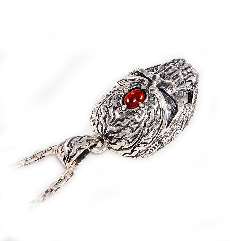 RED STONE DEMON SKULL 925 STERLING SILVER GOTHIC BIKER ROCKABILLY ...