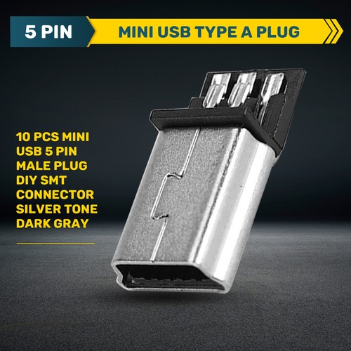 10 Pcs USB 5 Pin Male Plug DIY Connector Silver Tone Dark Gray I7T68196 ...
