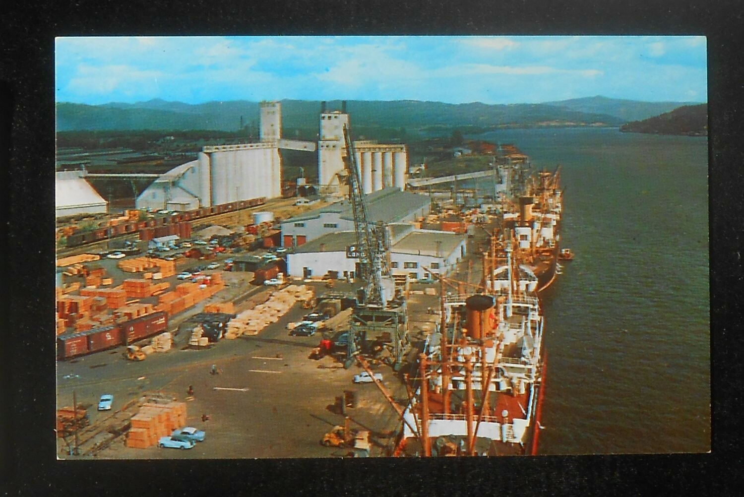 1950s Birdseye View of Port Old Cargo Freighters Crane Rail Boxcars ...