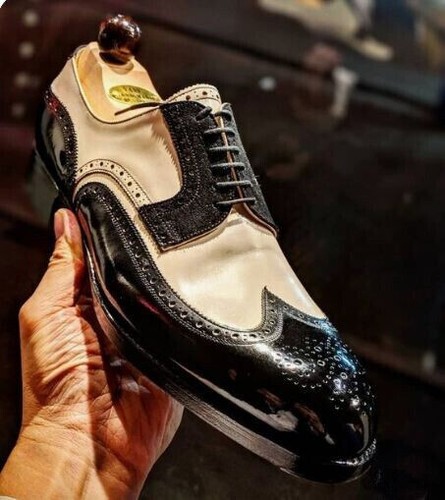 Men's Handmade Genuine Leather Two Tone Wingtip Oxford Lace Up Formal ...